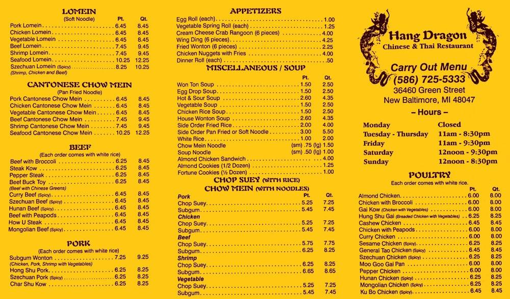 Menu at Hang Dragon Restaurant, New Baltimore