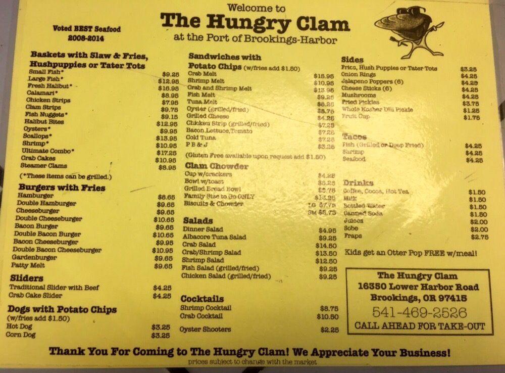 Menu at Hungry Clam restaurant, Brookings