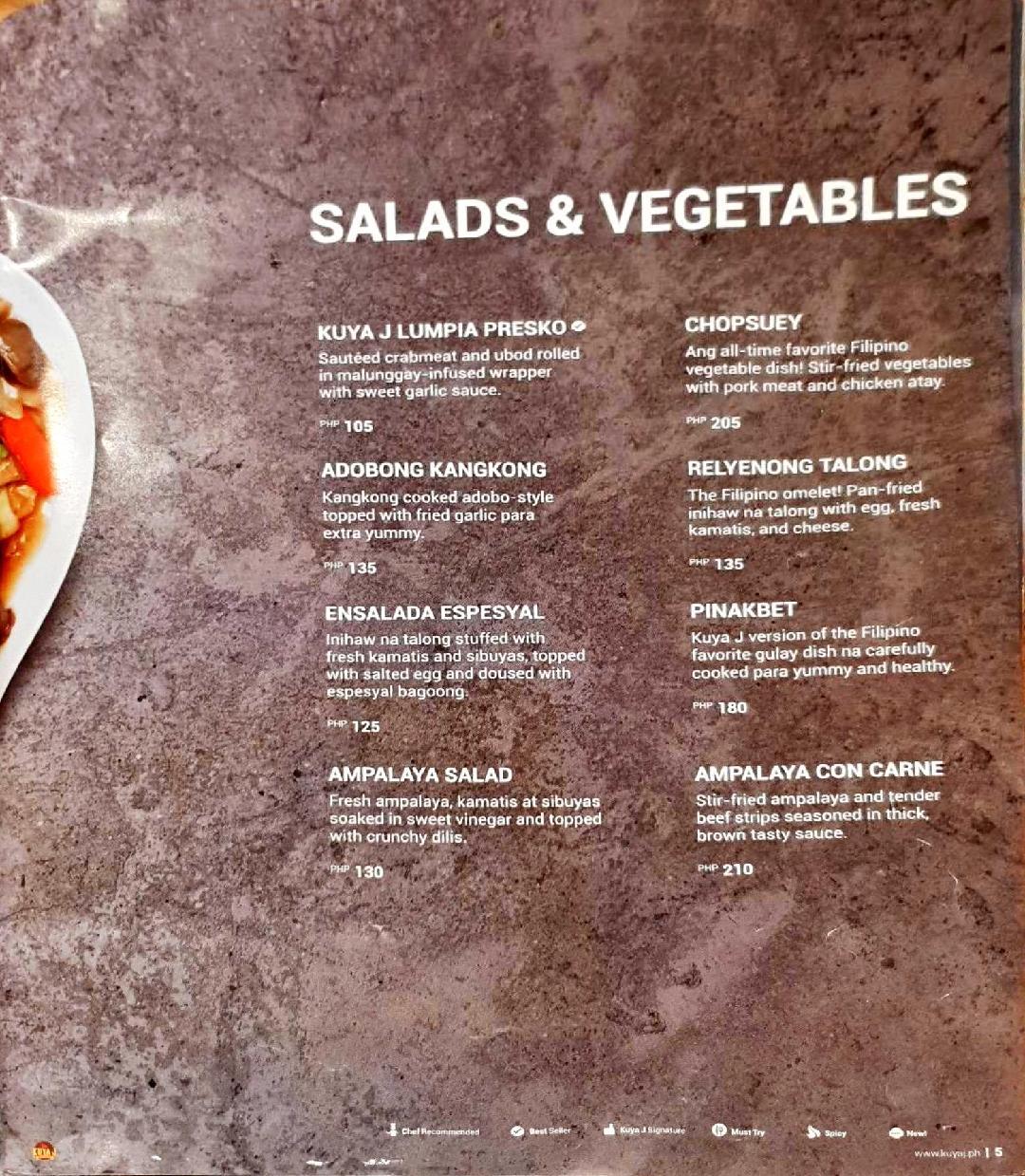 Menu at Kuya J restaurant, Puerto Princesa
