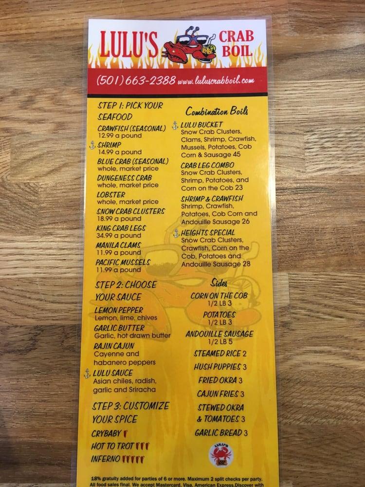 Menu at Lulu's Seafood Kitchen restaurant, Little Rock, R St