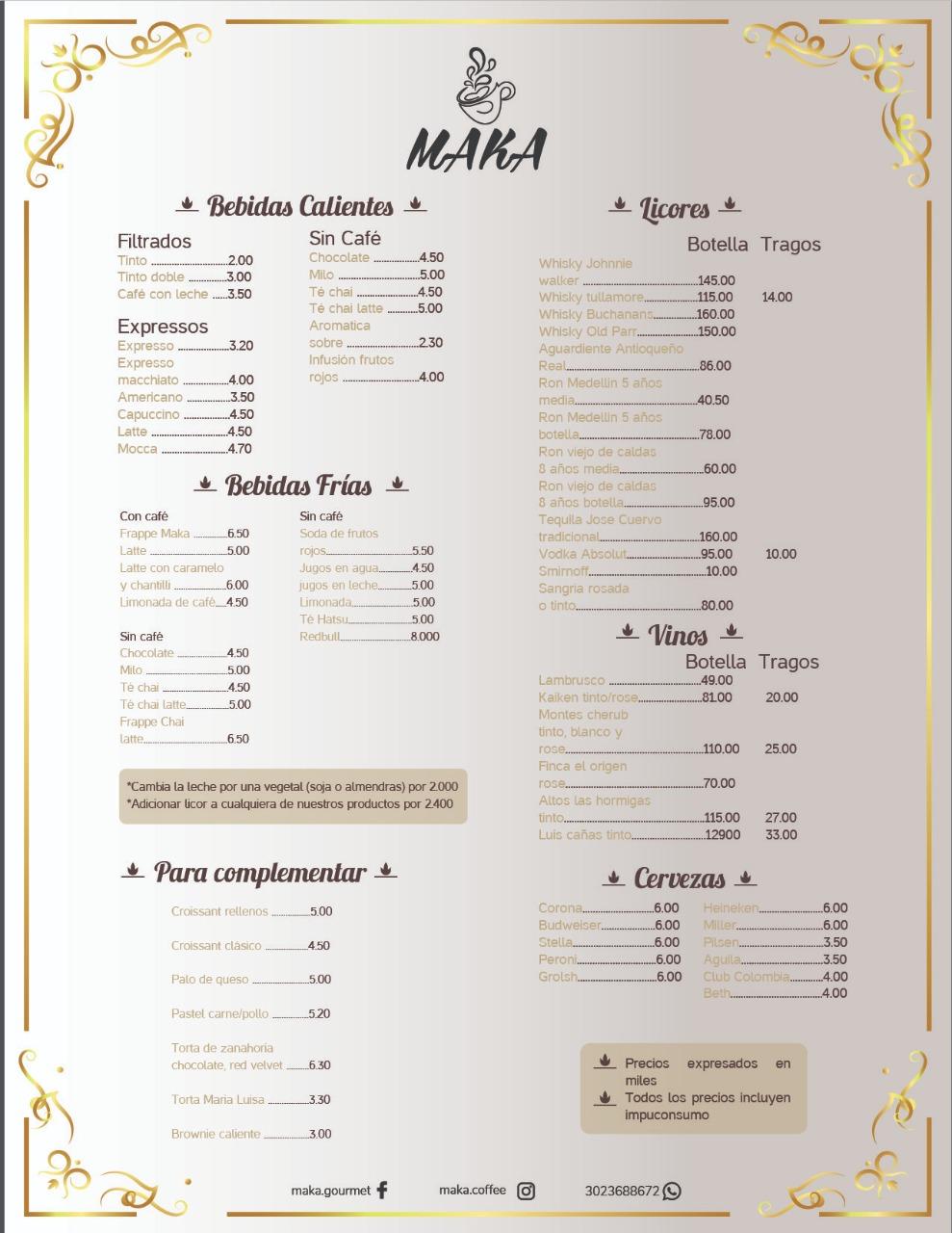 Menu at Maka Gourmet restaurant, Medellín