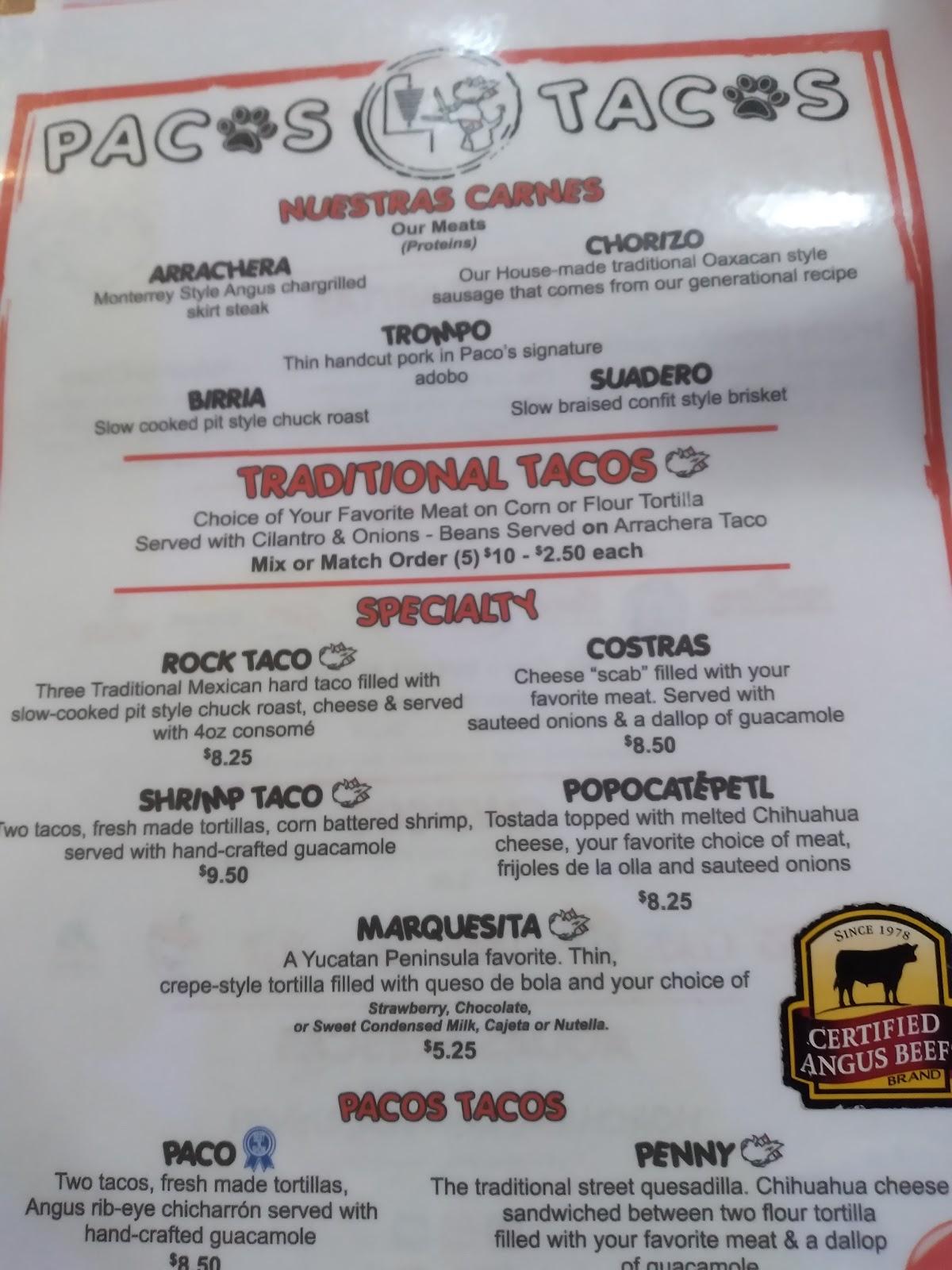 Menu at Pacos Tacos (Metairie) restaurant, Metairie