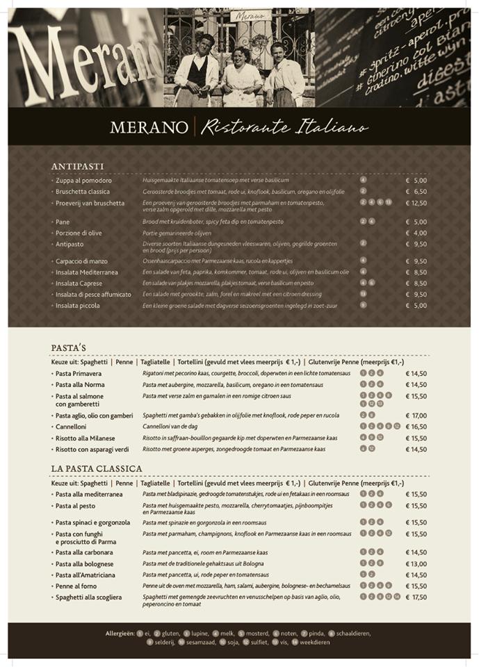 Menu at Pastarestaurant Merano, Nijmegen