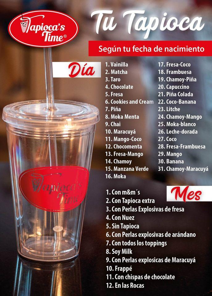 Menu at Tapioca's Time cafeteria, Colima