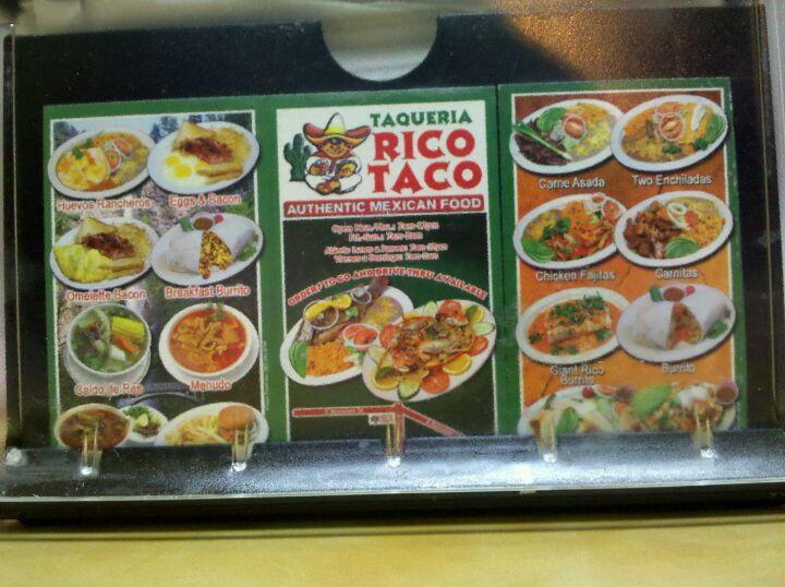 Menu at Taqueria Rico Taco restaurant, Portland