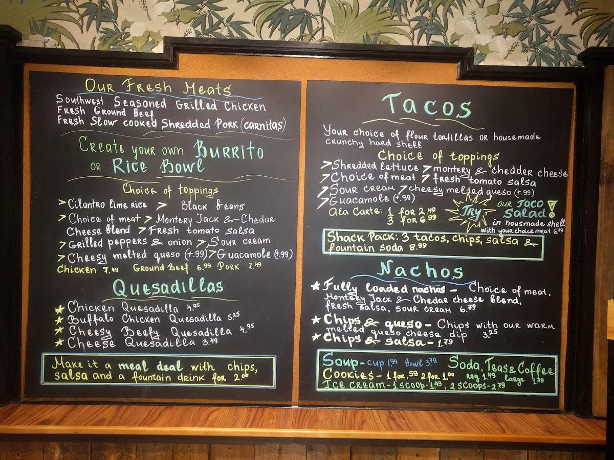 Menu at The Taco Shack restaurant, Oil City