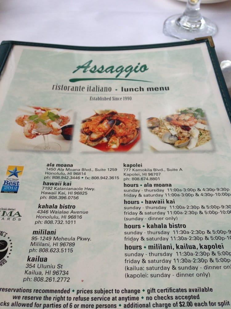 Menu at Assaggio Kapolei restaurant, Kapolei, 777 Kamokila Blvd