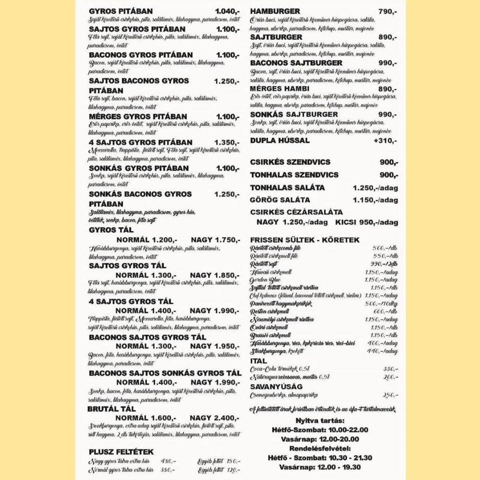 Menu at Gyros Pont restaurant, Tatabánya, Vadász u. 48