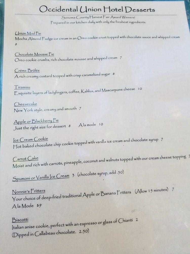 Menu at Occidental Union Hotel Restaurant, Occidental