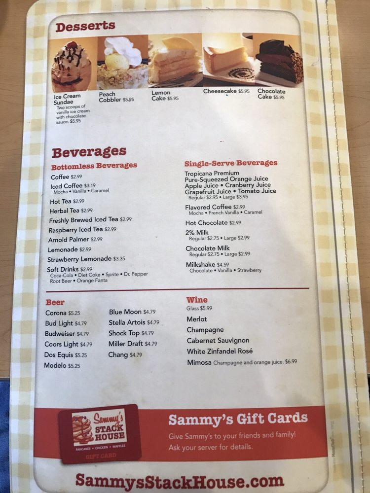 Menu at Sammy's Stackhouse restaurant, Orange