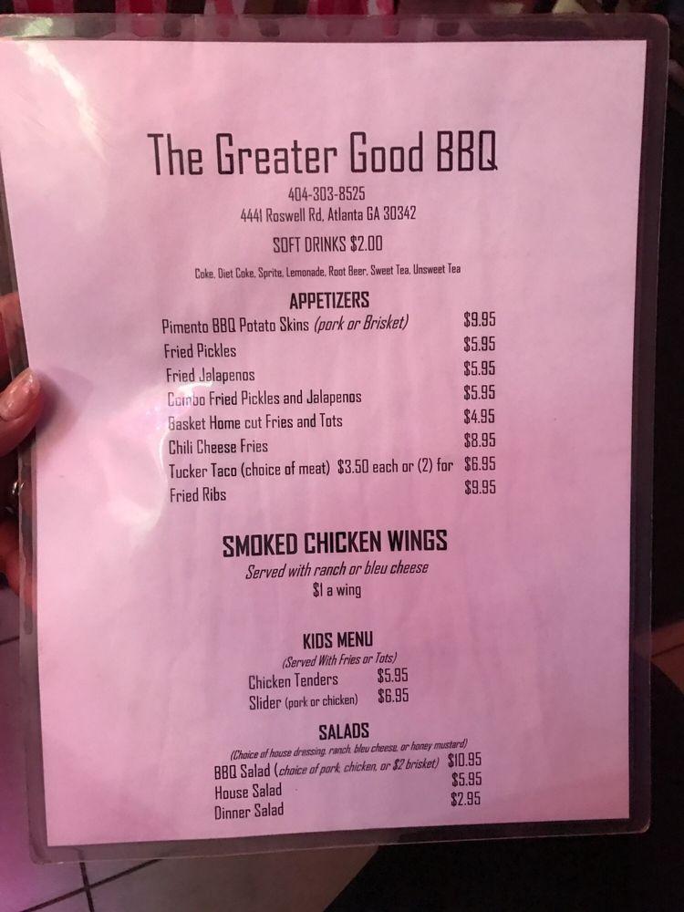 Menu at The Greater Good BBQ, Atlanta, Roswell Rd NE