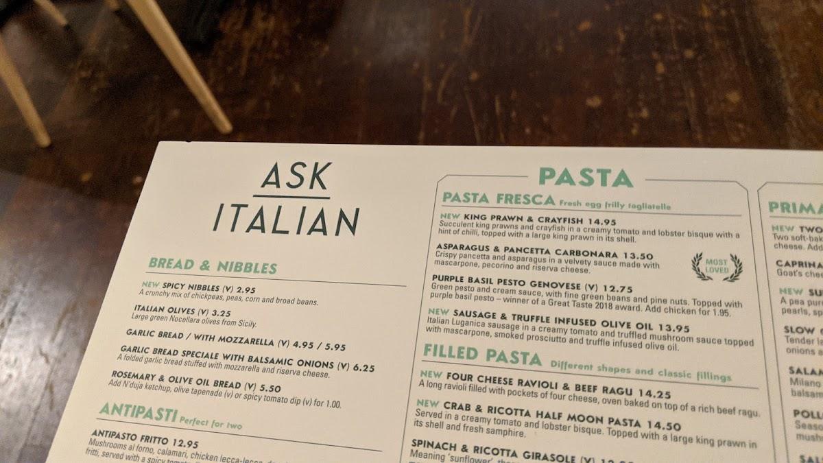 Menu at ASK Italian pizzeria, Winchester