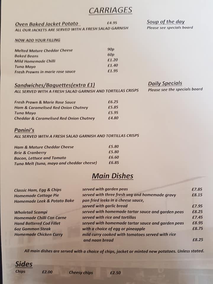 Menu at Carriages restaurant, Weston-super-Mare