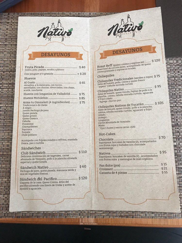 Menu at Nativo Chocolateria restaurant, Chetumal