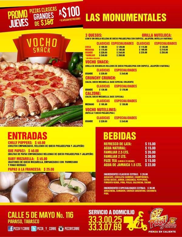 Menu at Pizza y Corre restaurant, Paraíso, Ignacio Comonfort 311a