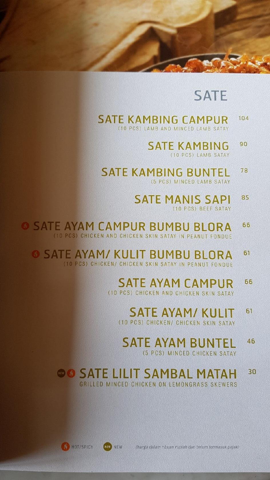 Menu at Sate & Seafood Senayan, Pakubuwono restaurant, Jakarta, Jl ...