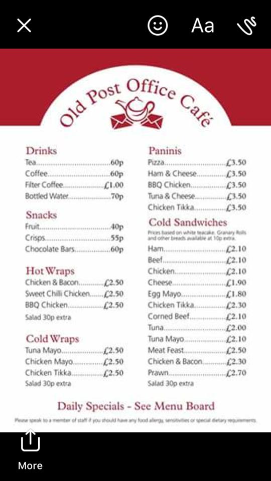 Menu at The Old Post Office Cafe, Huddersfield
