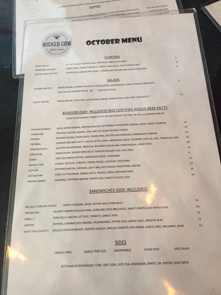 Menu at Wicked Cow Burgers and Brews - Upland restaurant, Upland