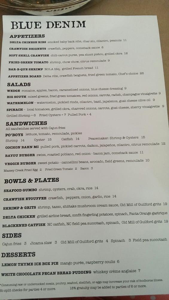 Menu at BLUE DENIM restaurant, Greensboro