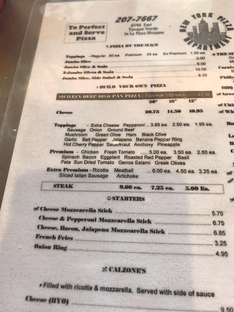 Menu at NYPD New York Pizza Department pub & bar, Tucson
