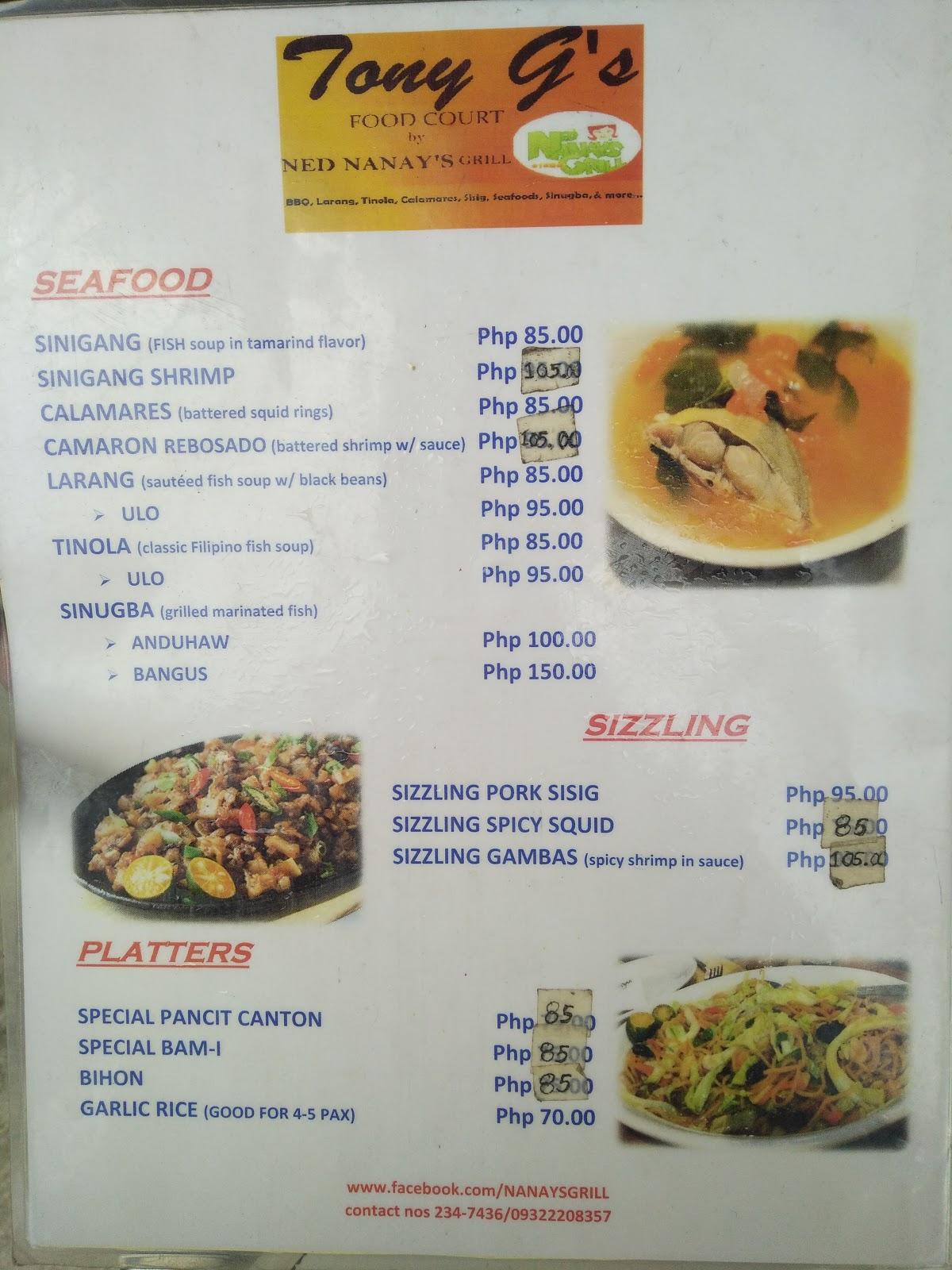 Carta del restaurante Ned Nanay's Grill, Cebú, R. Duterte St