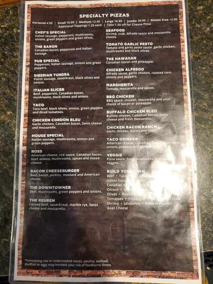 Menu at Red Baron, Casselton