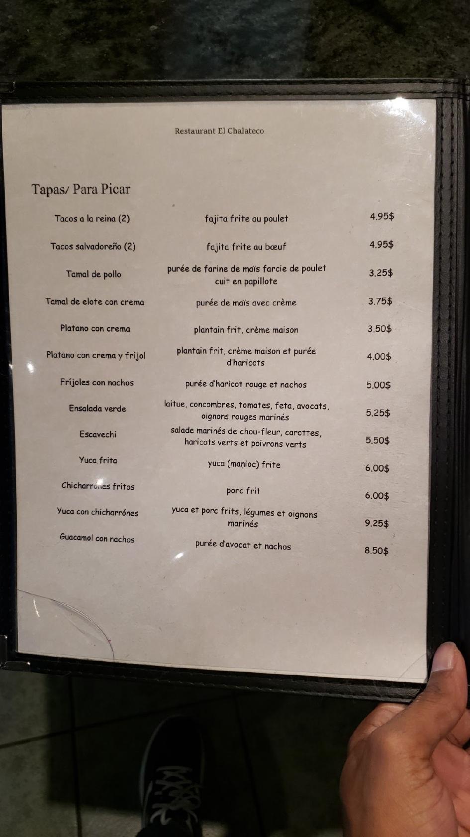 Menu at Restaurant El Chalateco, Montréal