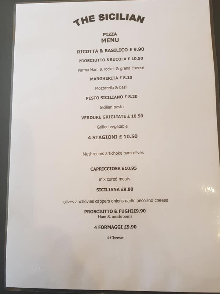 Menu at The Sicilian restaurant, Deal