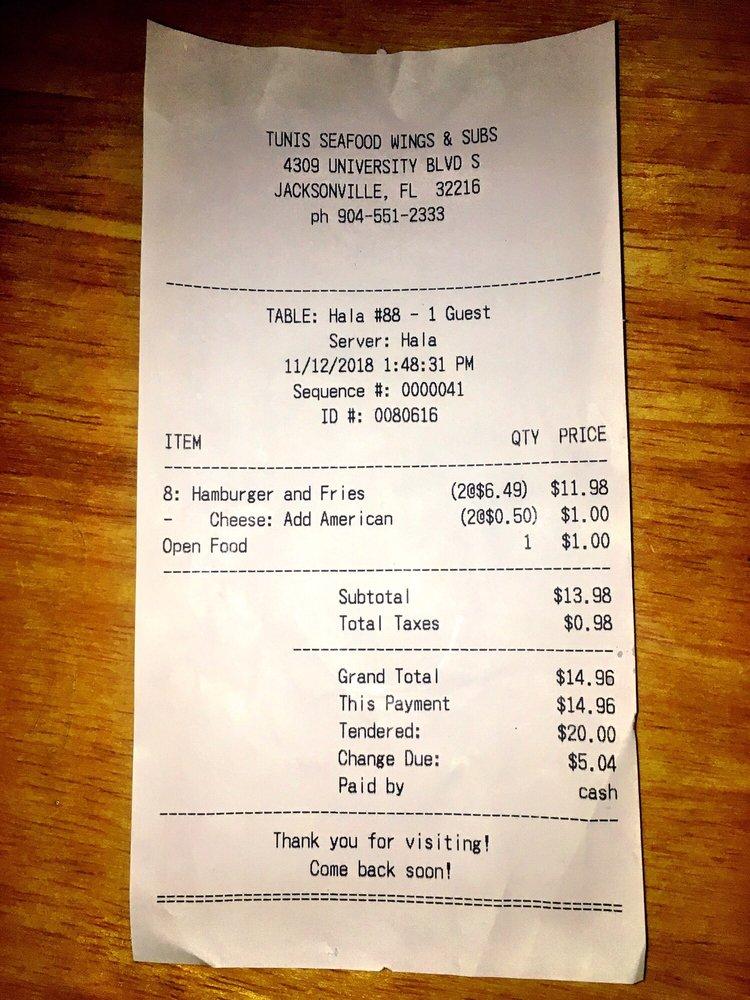 Menu at Tunis Seafood, Wings & Subs restaurant, Jacksonville ...