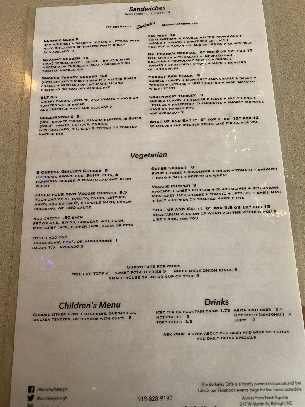 Menu at Berkeley Cafe, Raleigh
