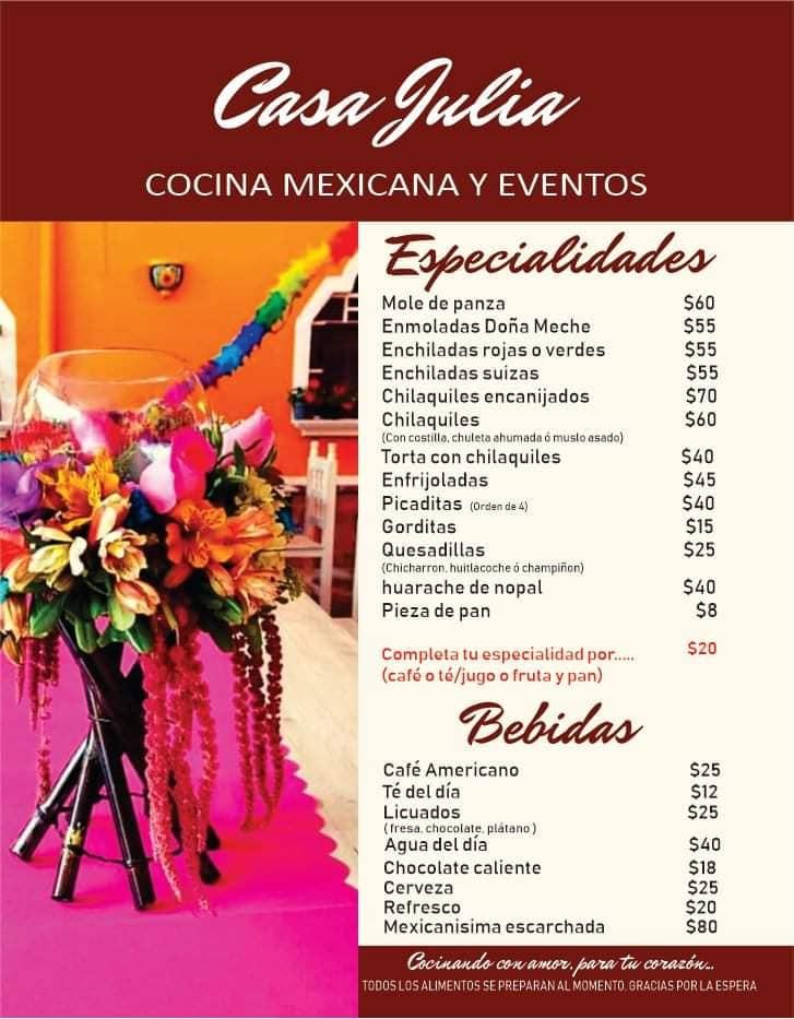 Menu at Casa Julia restaurant, San Andres Cholula