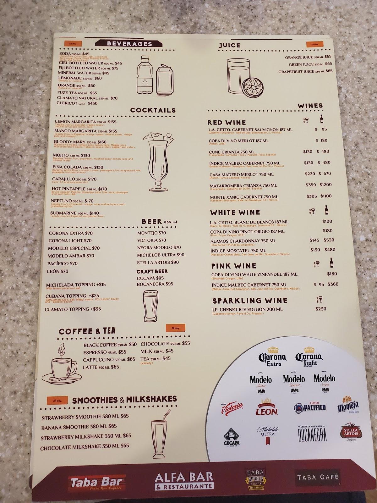 Menu at La Taba pub & bar, Mexico City, Terminal 2