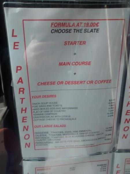 Menu at Le Parthénon cafe, Paris