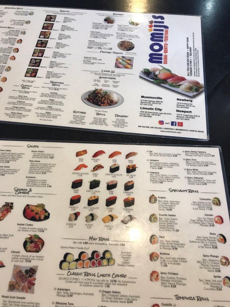 Menu at Momiji restaurant, McMinnville