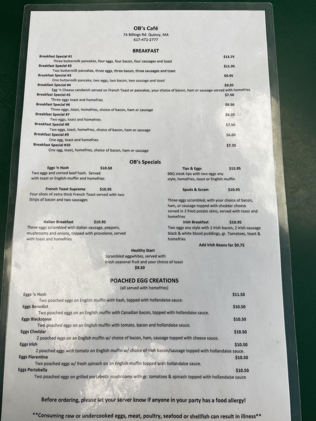 Menu at O B's Cafe, Quincy