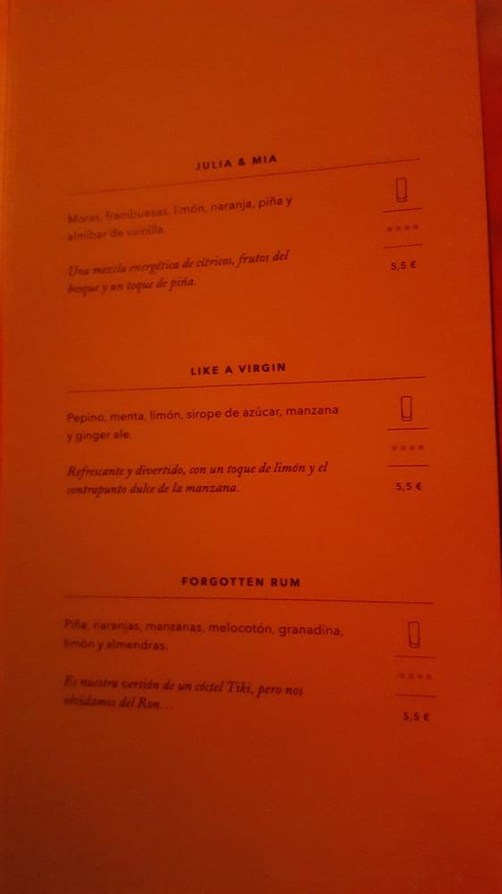 Menu at Paradiso pub & bar, Barcelona