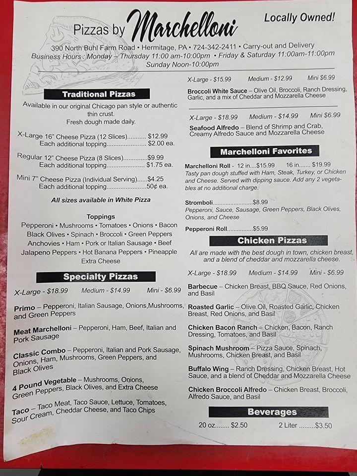 Menu at Pizzas By Marchelloni pizzeria, Hermitage, 390 N Buhl Farm Dr