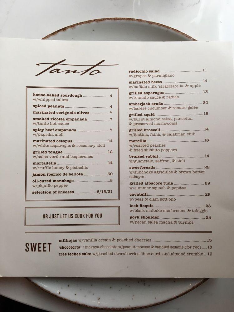 Menu at Tanto steakhouse, Toronto, 922 Queen St W
