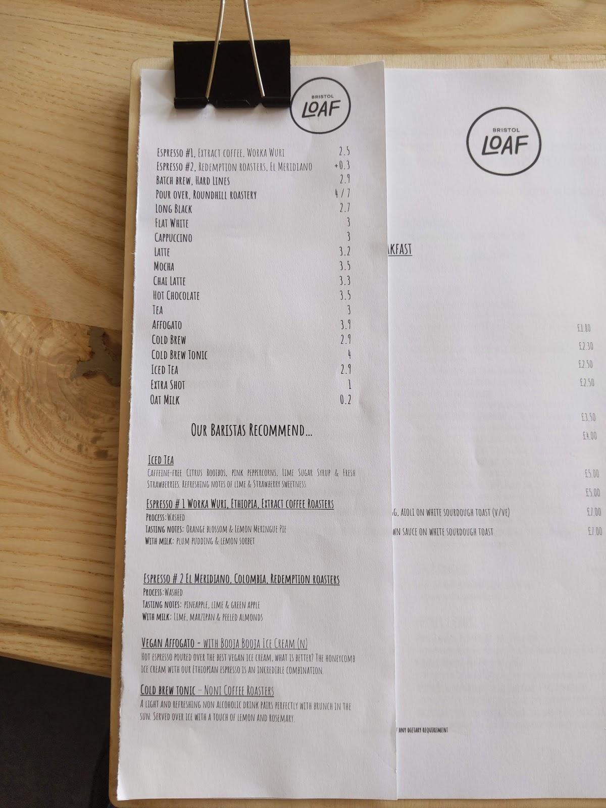 Carta del café The Bristol Loaf - Beacon, Bristol