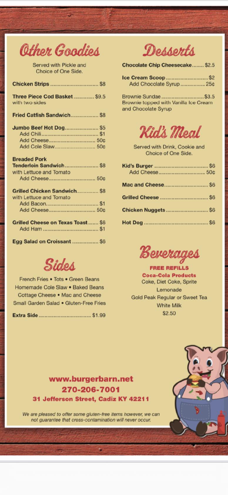 Menu at The Burger Barn Bar & Grill, Cadiz