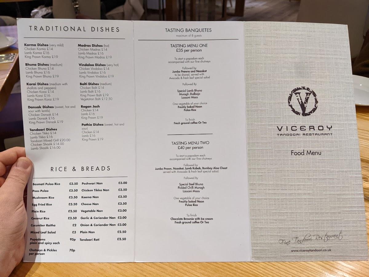 Menu at Viceroy Tandoori restaurant, Birmingham