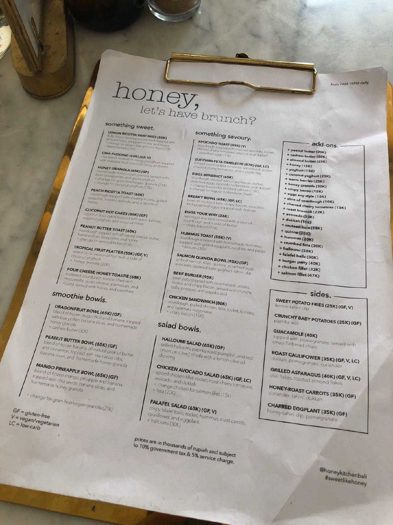 Menu at Honey, restaurant, Pererenan