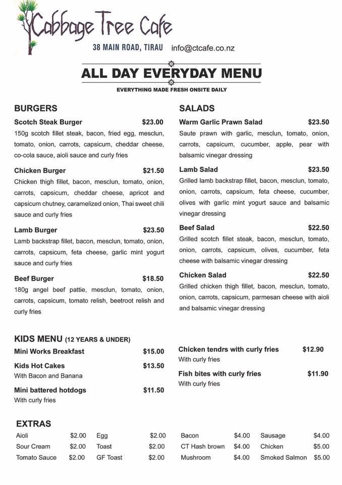 Menu at Cabbage Tree Cafe, Tirau