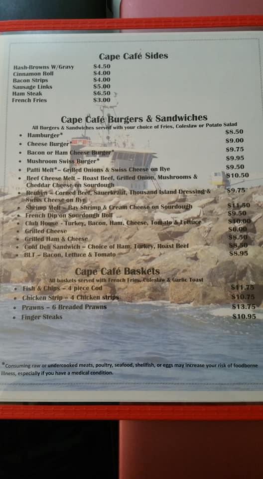 Menu at Cape Cafe, Coos Bay