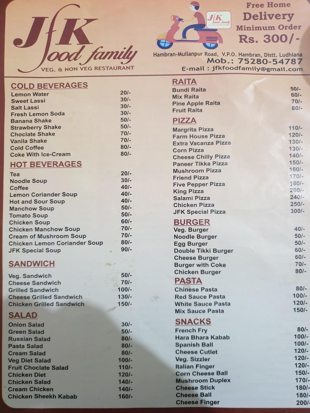 Menu at JFK Food Family, Hambran