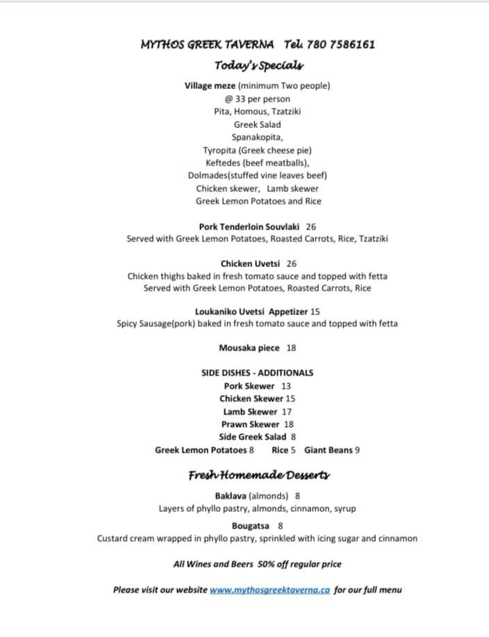 Menu au Mythos Greek Taverna restaurant, Edmonton