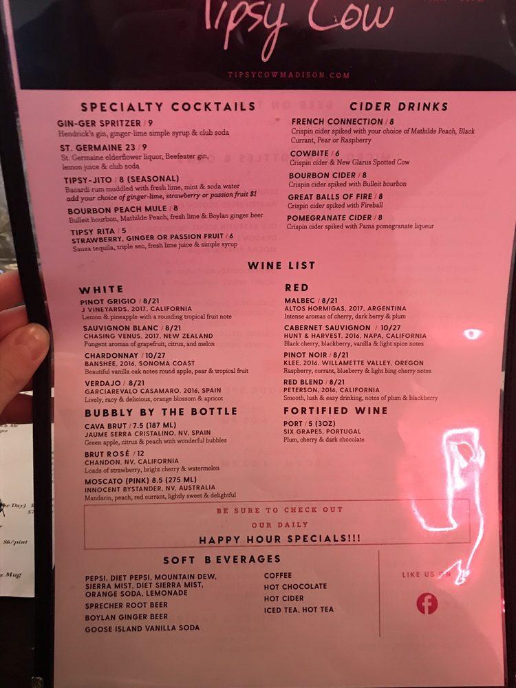 Menu at Tipsy Cow Sun Prairie restaurant, Sun Prairie