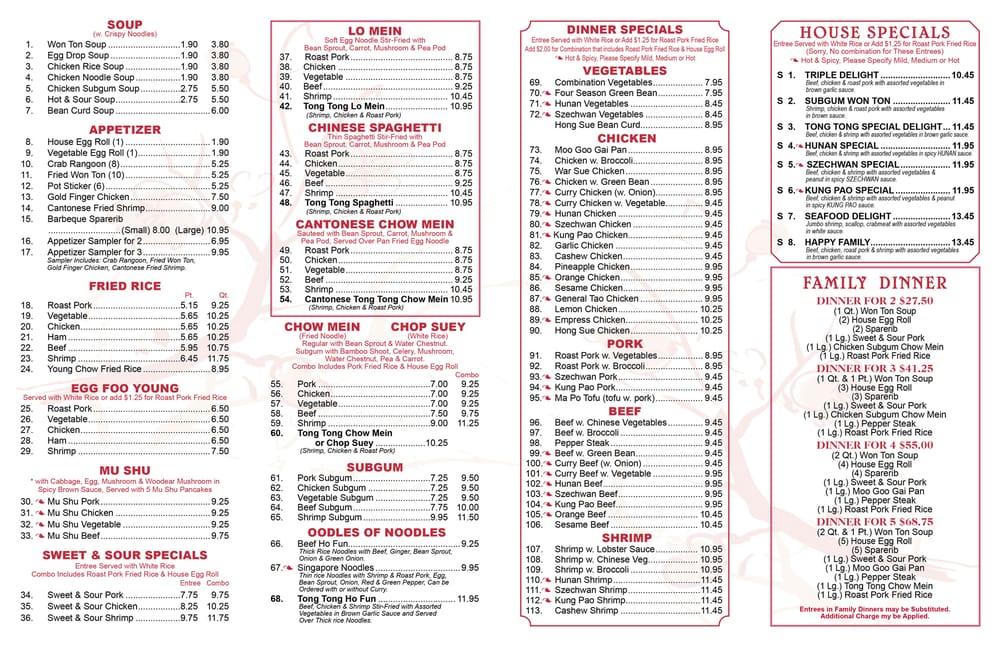Menu at Tongtong restaurant, Stow
