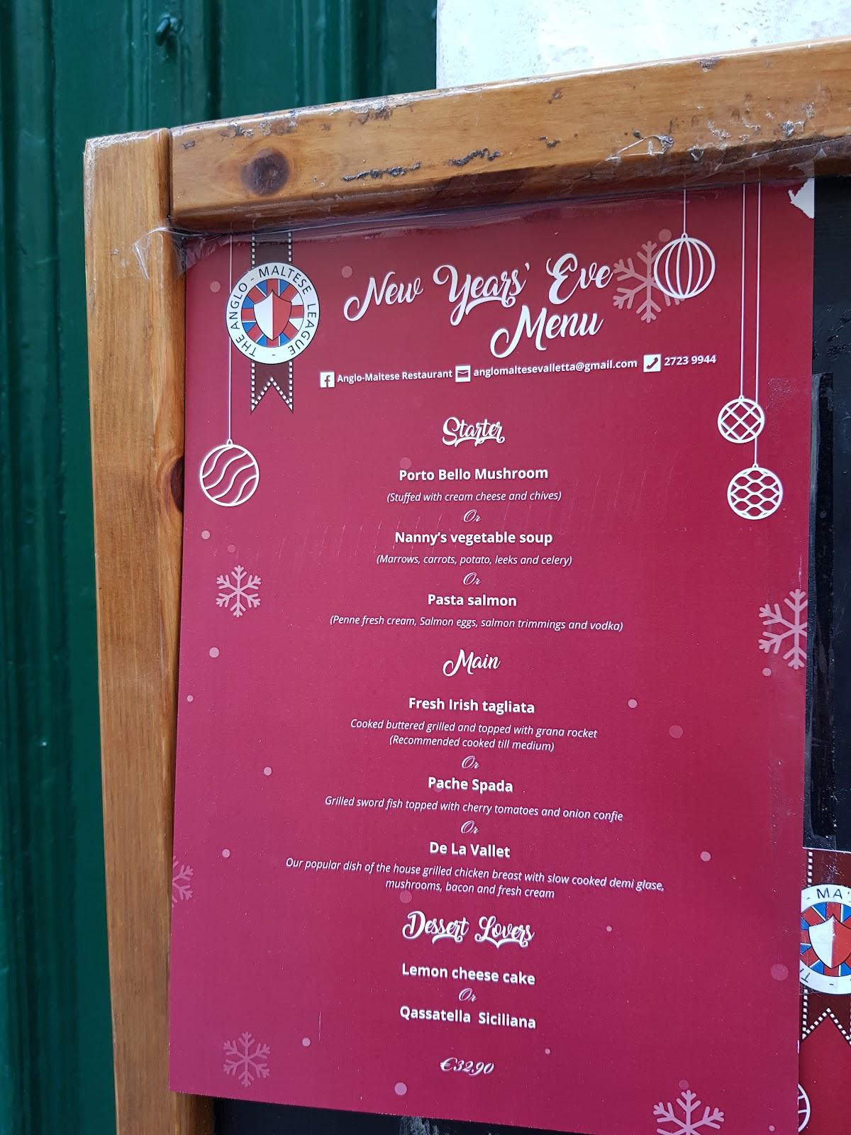 Menu at Anglo-Maltese Restaurant, Valletta