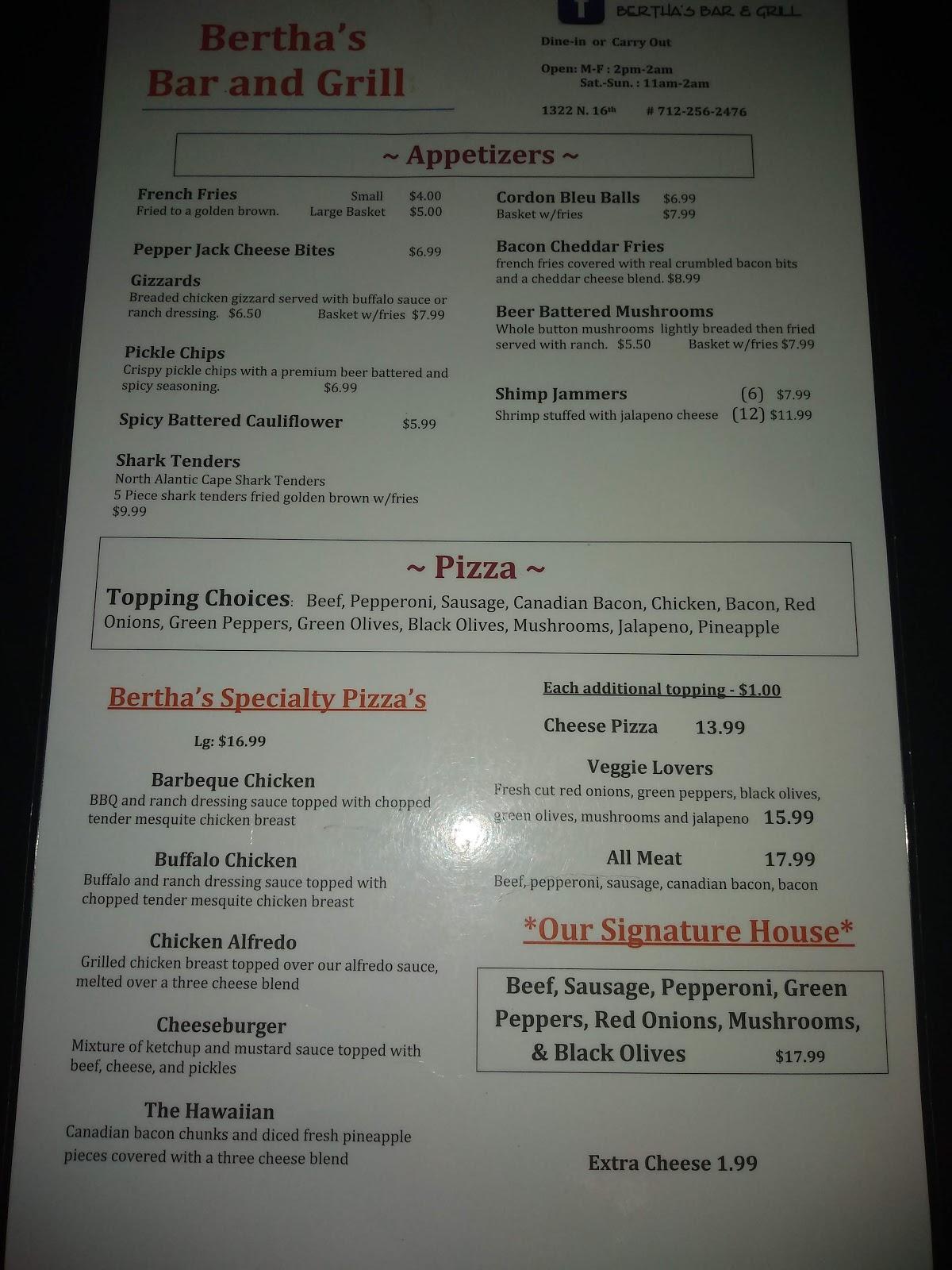 Menu at Bertha's Bar & Grill, Council Bluffs, N 16th St